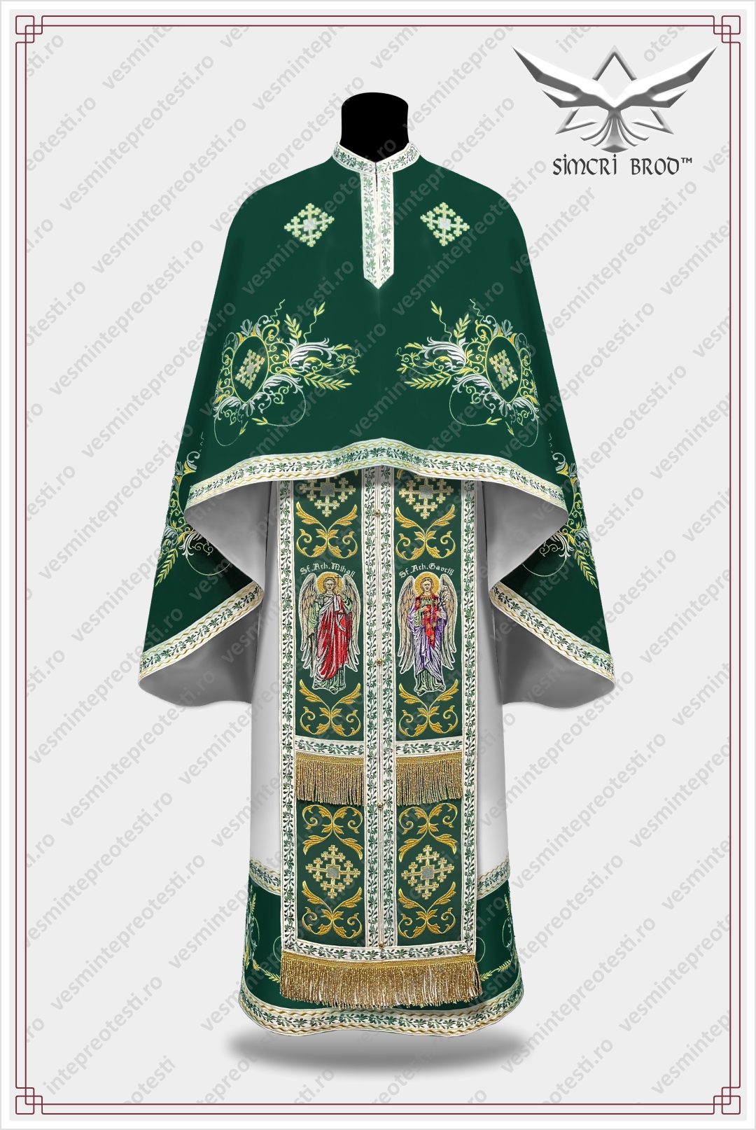 Vesmant brodat cu motive florale si cruci patriarhale - verde